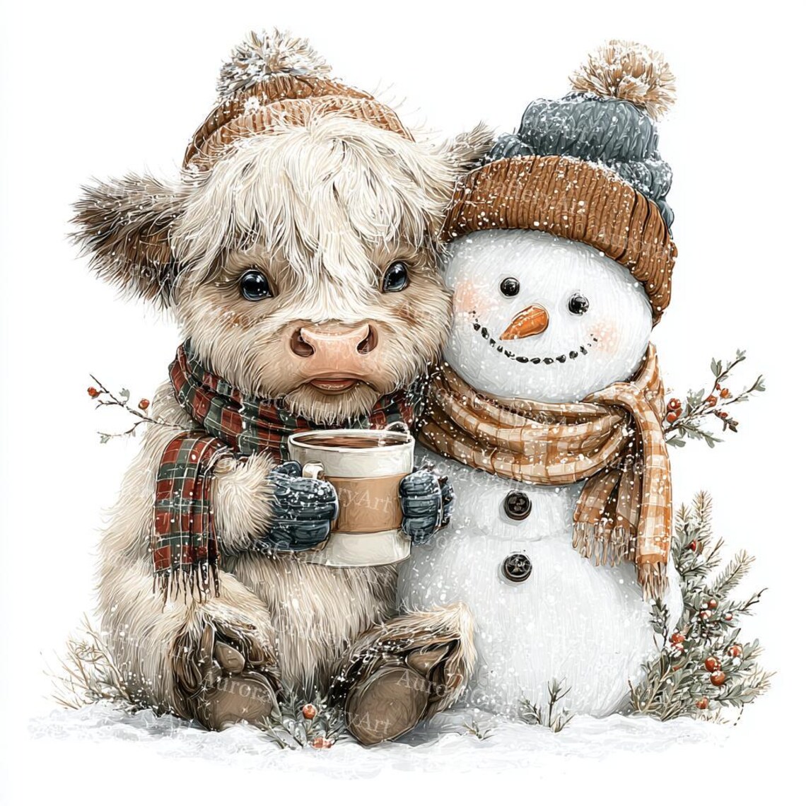 11 Highland Cow With Snowman Clipart, Christmas Clipart, Hot Cocoa ...