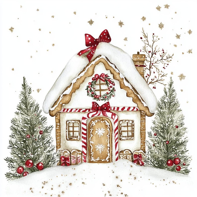 12 Gingerbread House Clipart, Gold Christmas, Watercolor Christmas Card ...