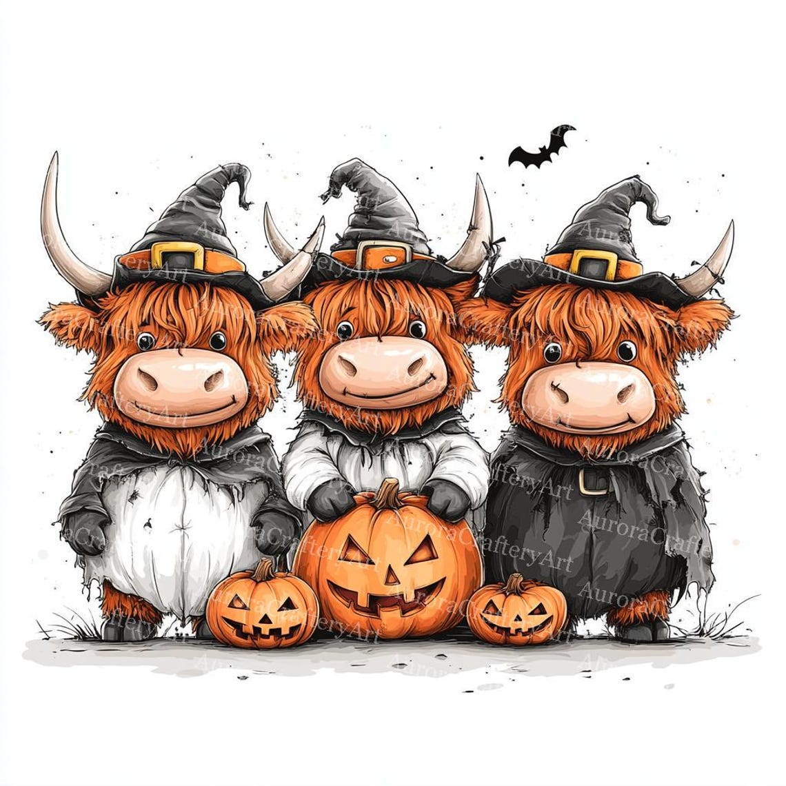 10 Highland Cow Retro Halloween Clipart, Autumn Fall Pumpkin Cow, Trick ...