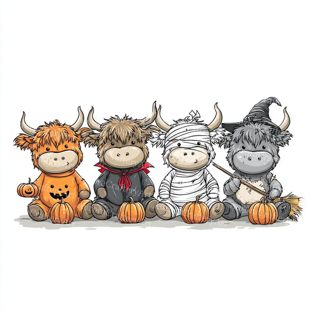 10 Highland Cow Retro Halloween Clipart, Autumn Fall Pumpkin Cow, Trick ...