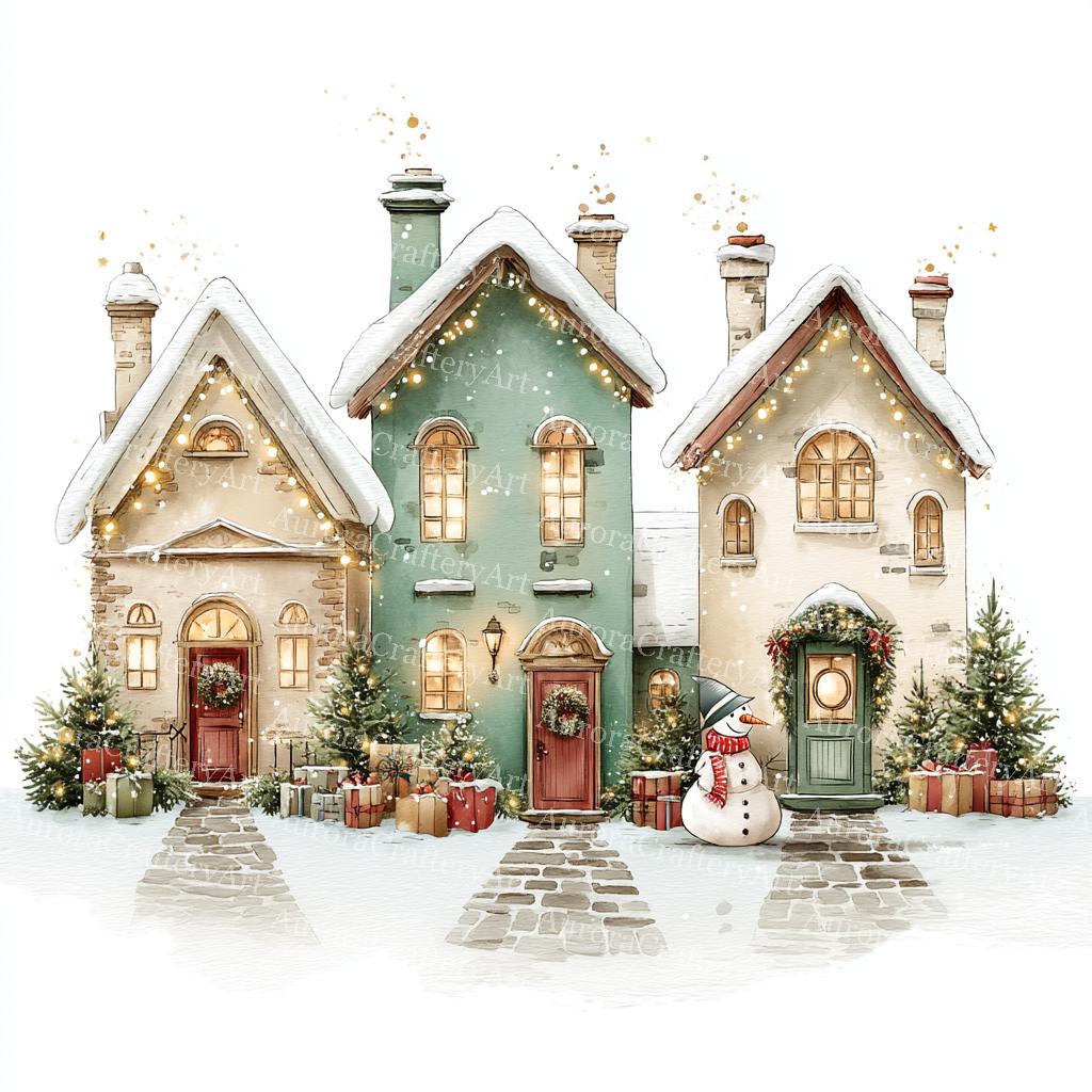 15 Christmas Village Clipart, Printable Watercolor, High-resolution ...
