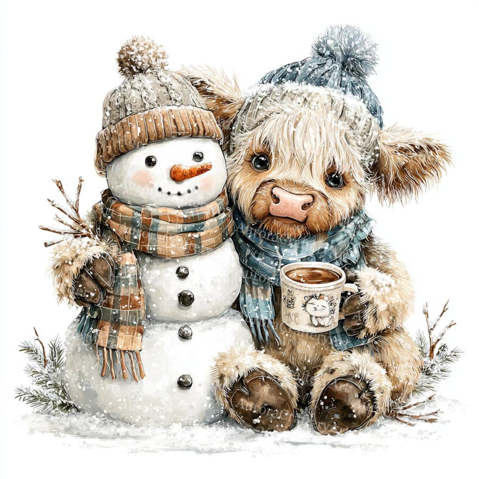 11 Highland Cow With Snowman Clipart, Christmas Clipart, Hot Cocoa ...