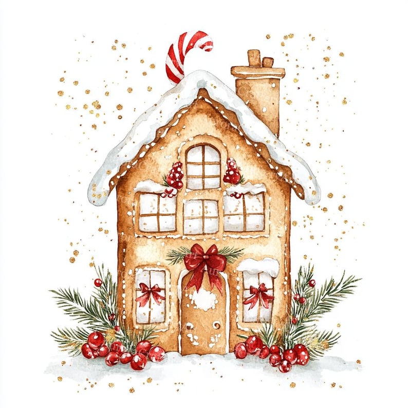 12 Gingerbread House Clipart, Gold Christmas, Watercolor Christmas Card ...
