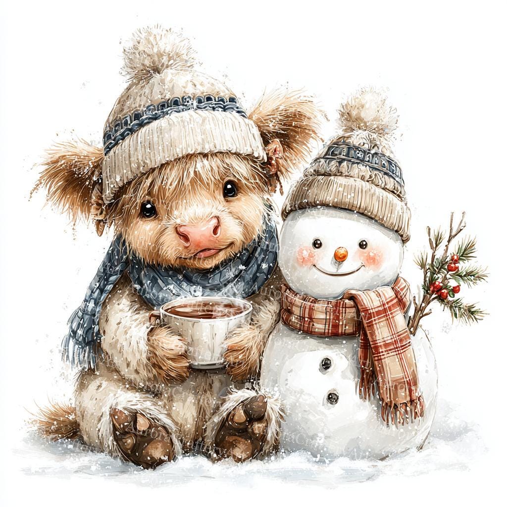 11 Highland Cow With Snowman Clipart, Christmas Clipart, Hot Cocoa ...