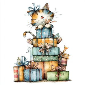14 Watercolor Christmas Cats Clipart, Whimsical Holiday Designs for ...
