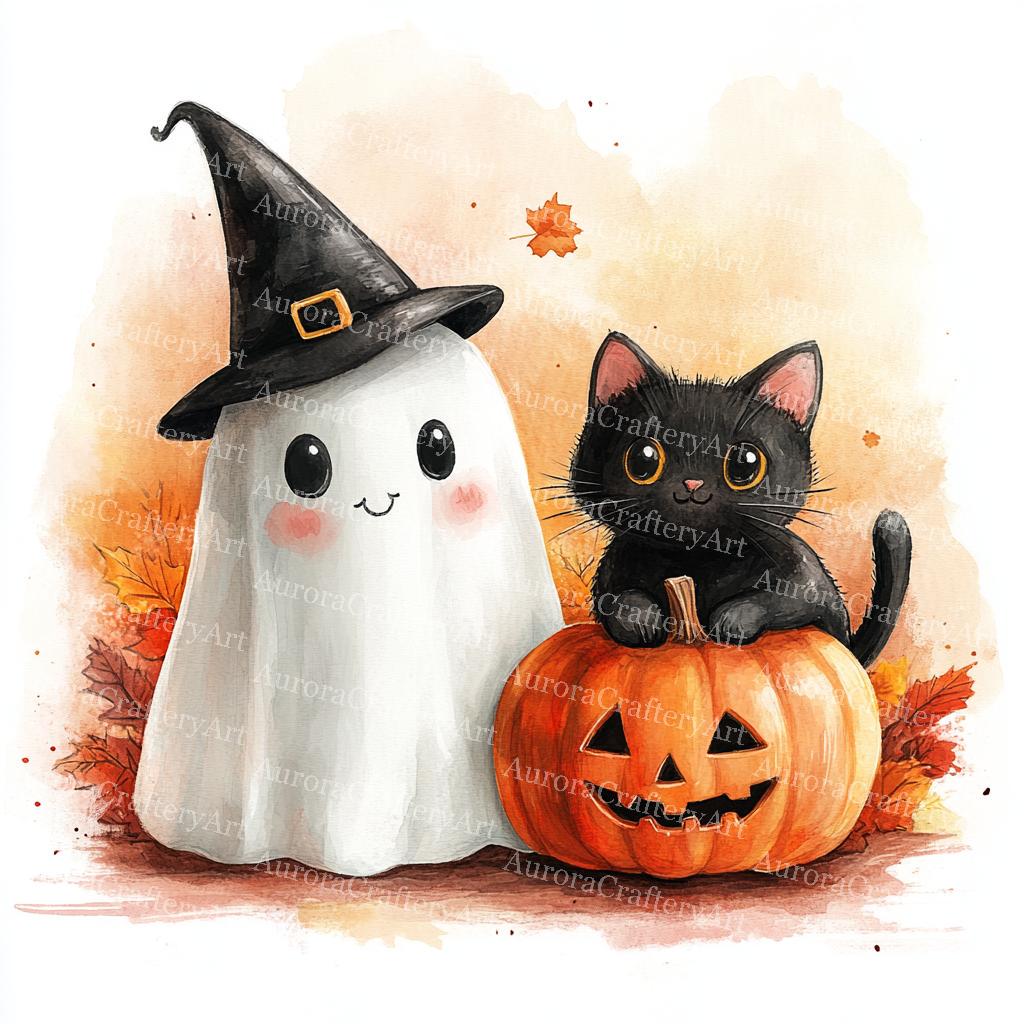 20 Ghost and Black Cat Clipart, Cute Halloween Clipart, Pumpkin ...