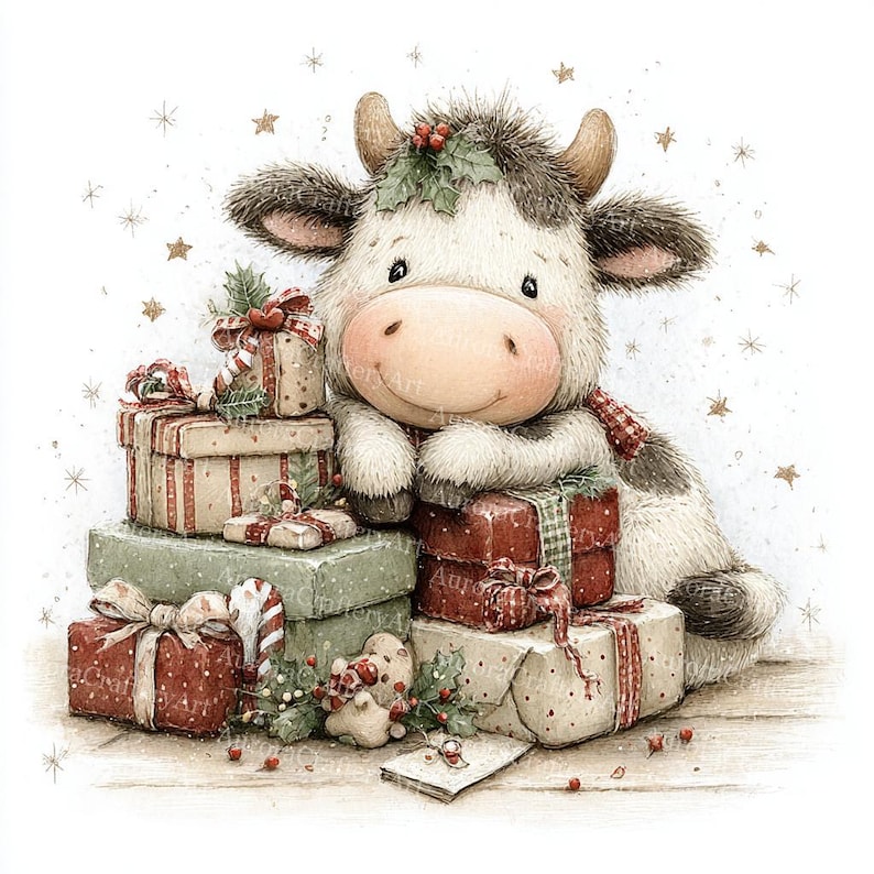 12 Christmas Cow Clipart, Farm Animal Clipart, Christmas Card ...