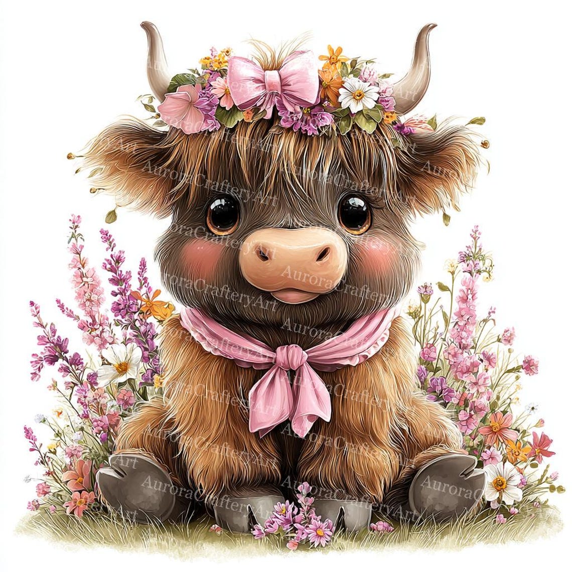 13 Baby Girl Highland Cow Clipart, Pink Floral Bow, Sublimation Design ...
