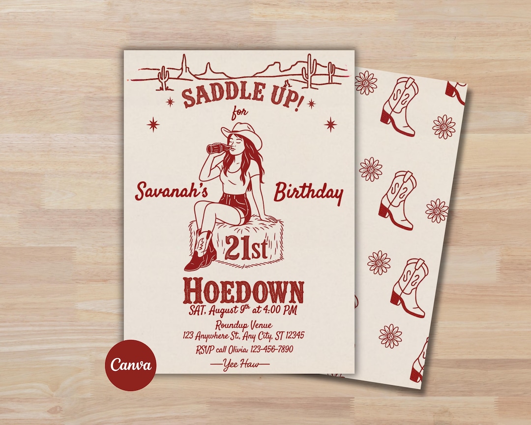 Editable Cowgirl 21st Birthday Invitation Western Hoedown Party Invite ...