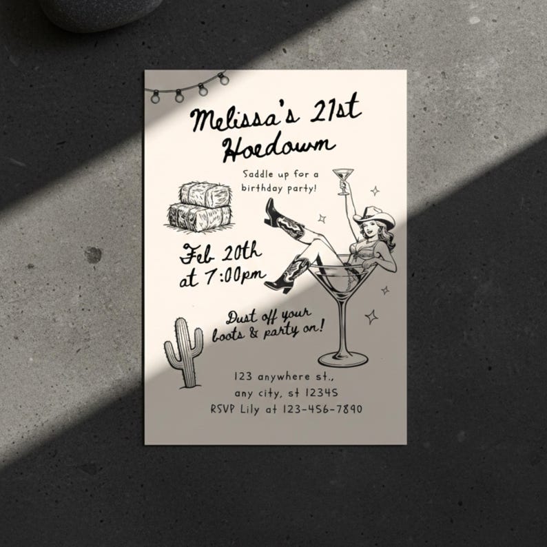 Cowgirl Cocktail Birthday Invitation Western Martini Birthday Invite ...