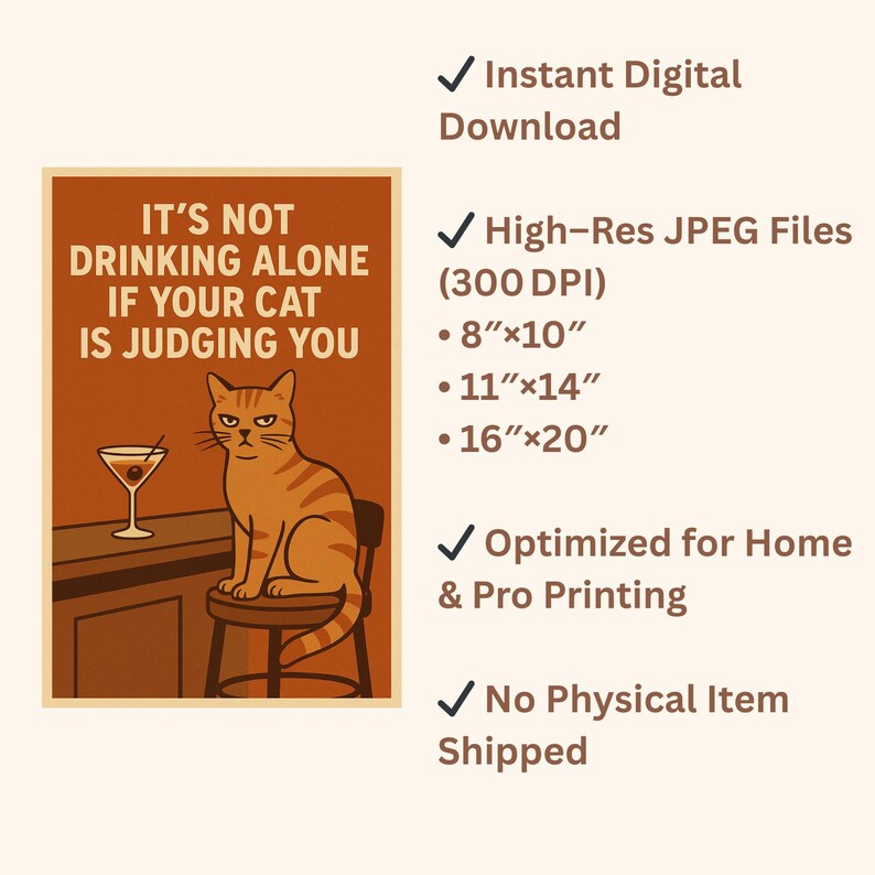 Funny Cat Bar Wall Art Printable - It’s Not Drinking Alone If Your Cat ...