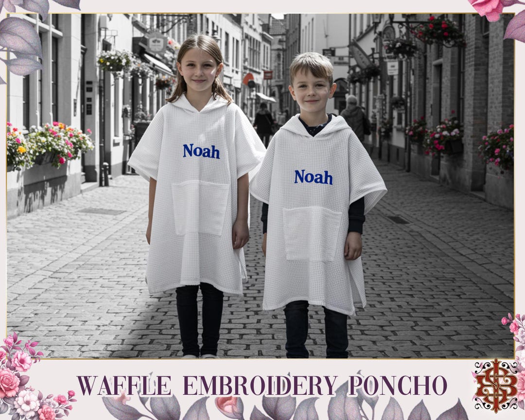 Embroidered Kids Waffle Poncho, Soft Cozy Toddler & Children’s Hooded ...