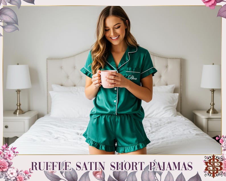 Satin Ruffle Pajamas for Women Custom Pajamas With Bridal Name, Plus ...