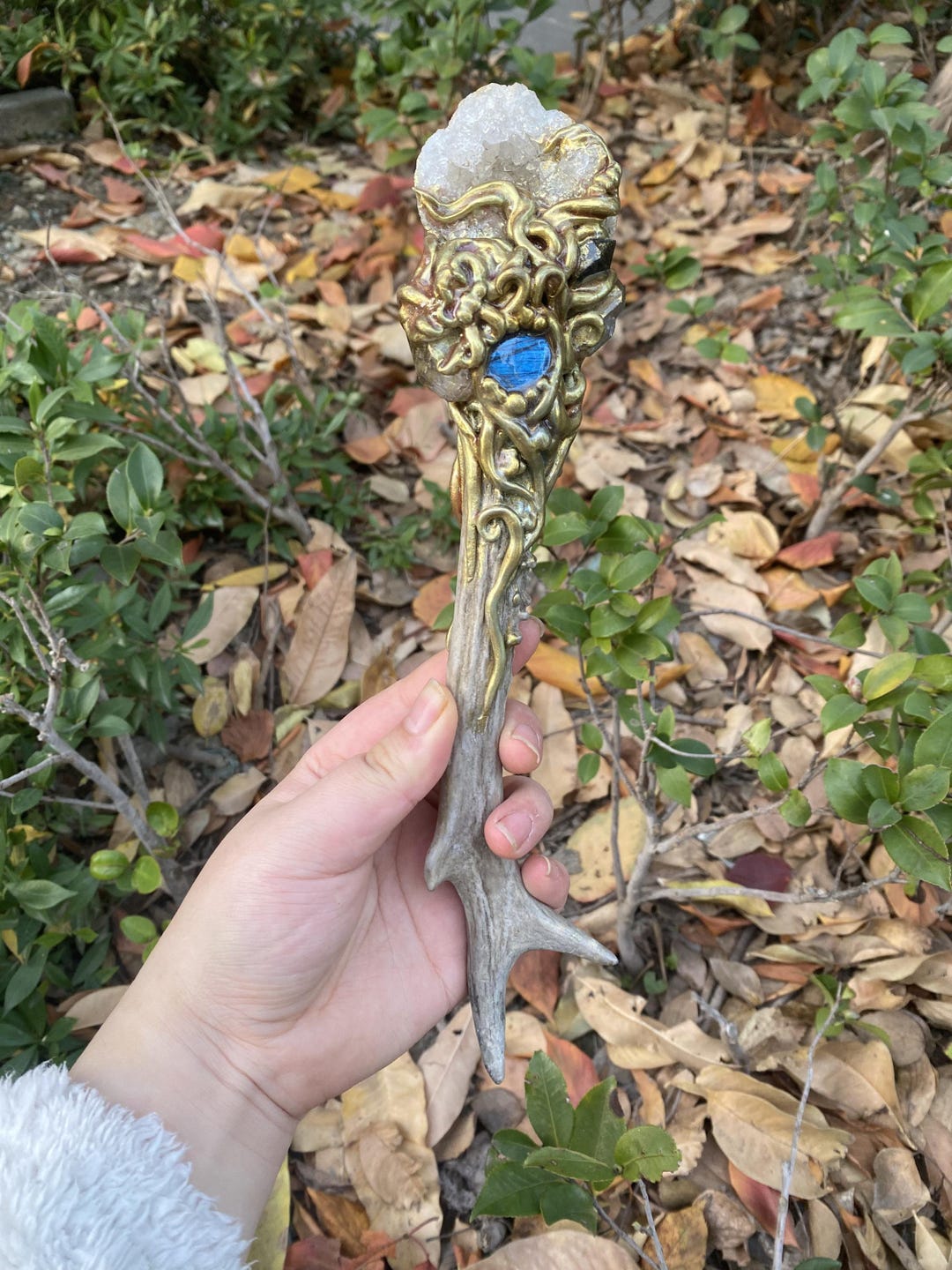 Gothic Antler Wand With White Crystal, Dark Forest Witchcraft Wand ...