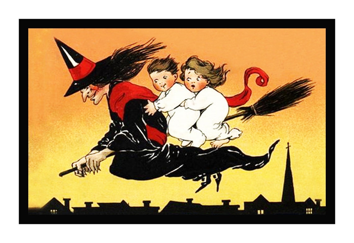 Witch Giving Children a Ride on Her Broom Happy Halloween | Etsy