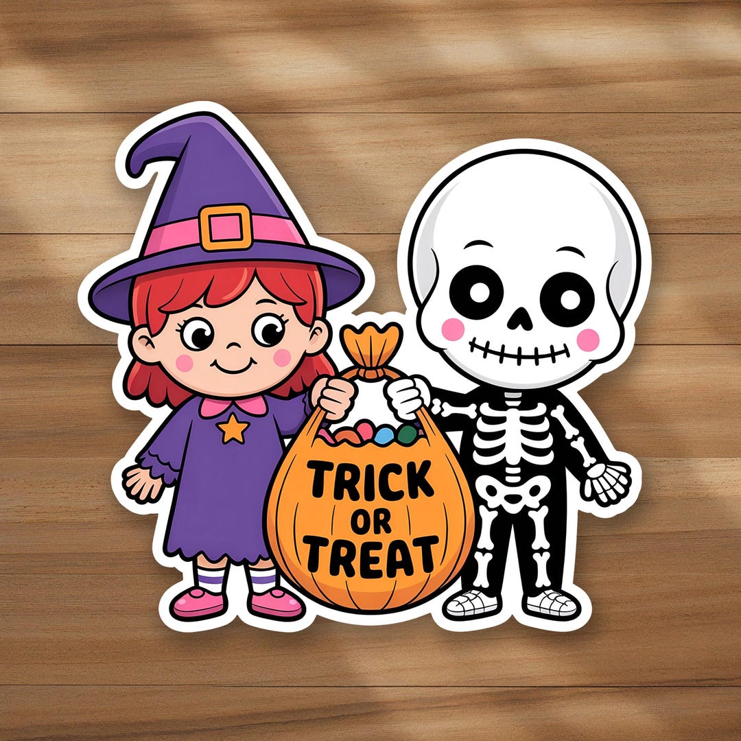 Kawaii Halloween Sticker: Witch & Skeleton Trick or Treat (digital ...