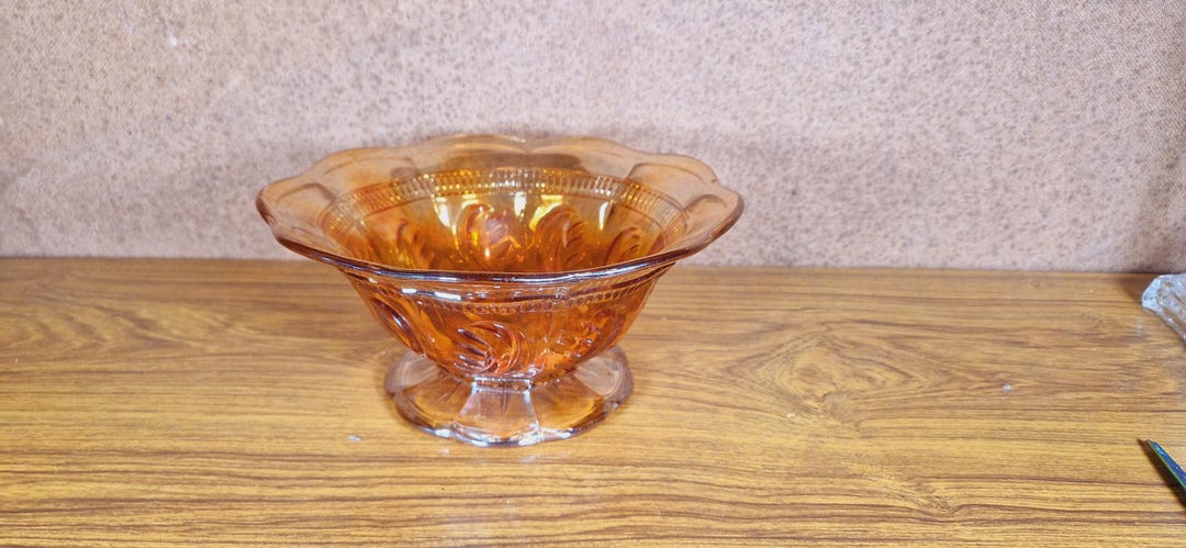 Vintage Amber Glass Dessert Dish – Marigold Footed Scalloped Bowl With ...