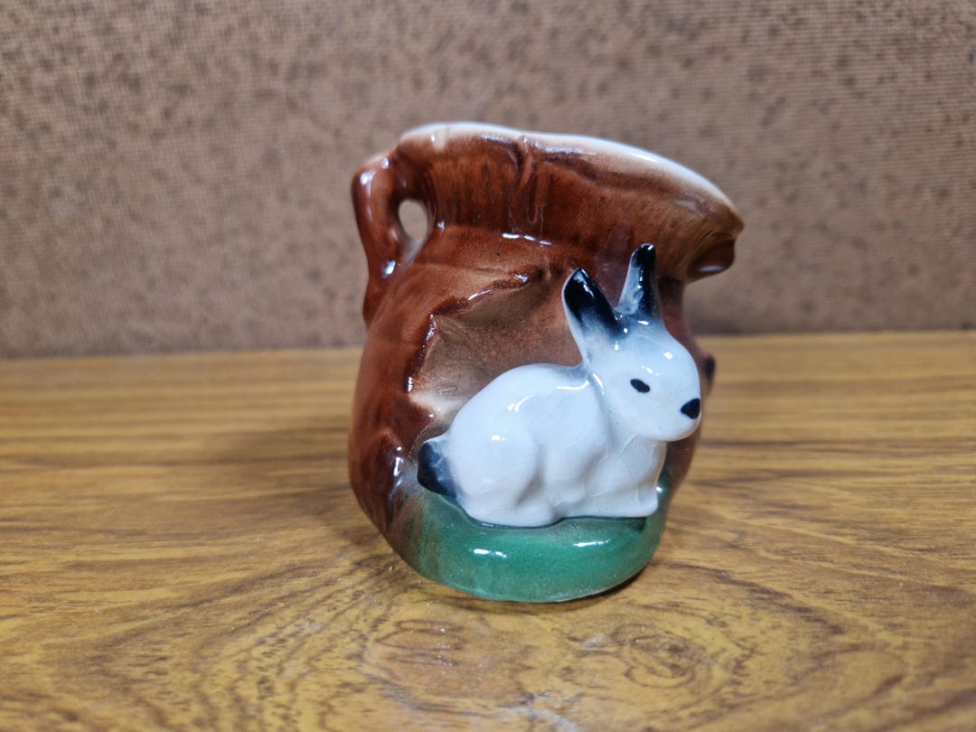 Vintage Bunny on Log Ceramic Mini Vase – Rustic Woodland Animal ...