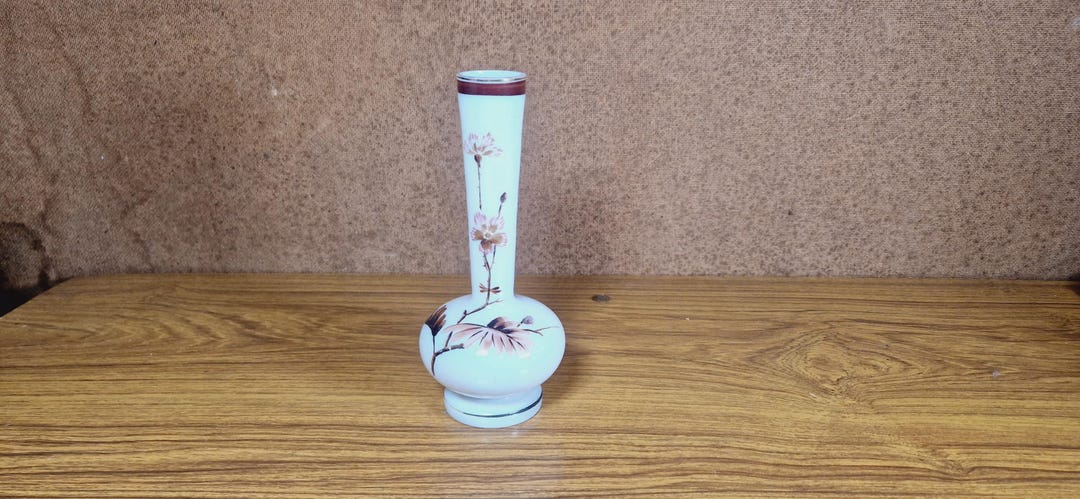 Victorian-era Style White Glass Bud Vase – Hand-painted Flowers ...