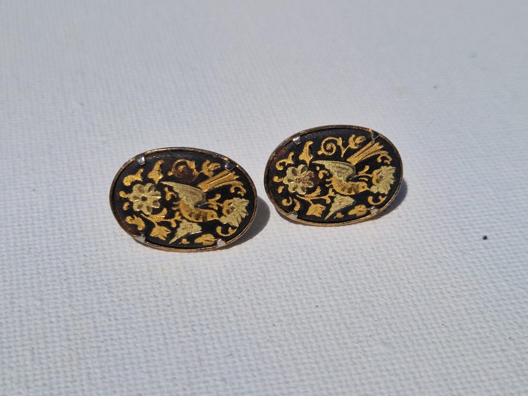 Vintage Damascene Bird & Floral Clip-on Earrings – Spanish Toledo Gold ...
