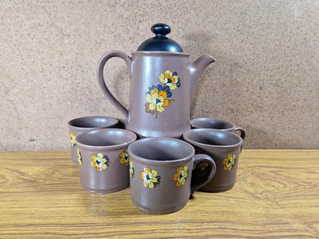 Vintage Brown Floral Coffee Pot Set – 6 Mugs – Retro 1970s Style - Etsy