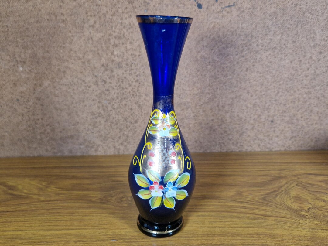 Vintage Bohemian Cobalt Blue Hand Painted Vase – Czech Glass Floral ...