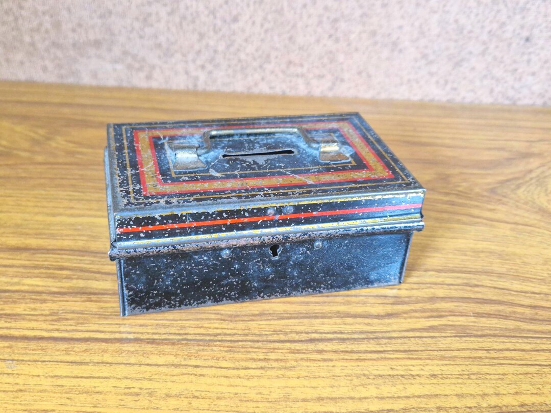 Antique Rowntree Tin Money Box - Vintage Cash Box - Black & Red Painted ...