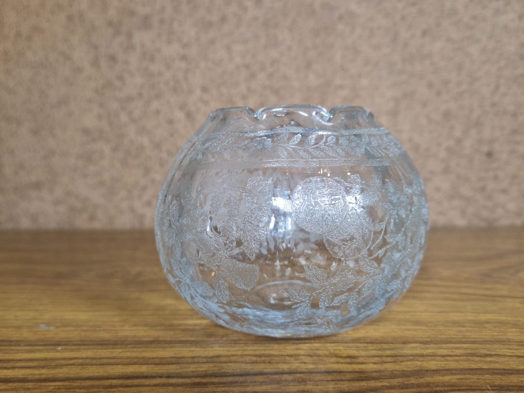 Vintage Etched Glass Rose Bowl – Crimped Rim Posy Vase – Acid Etched ...