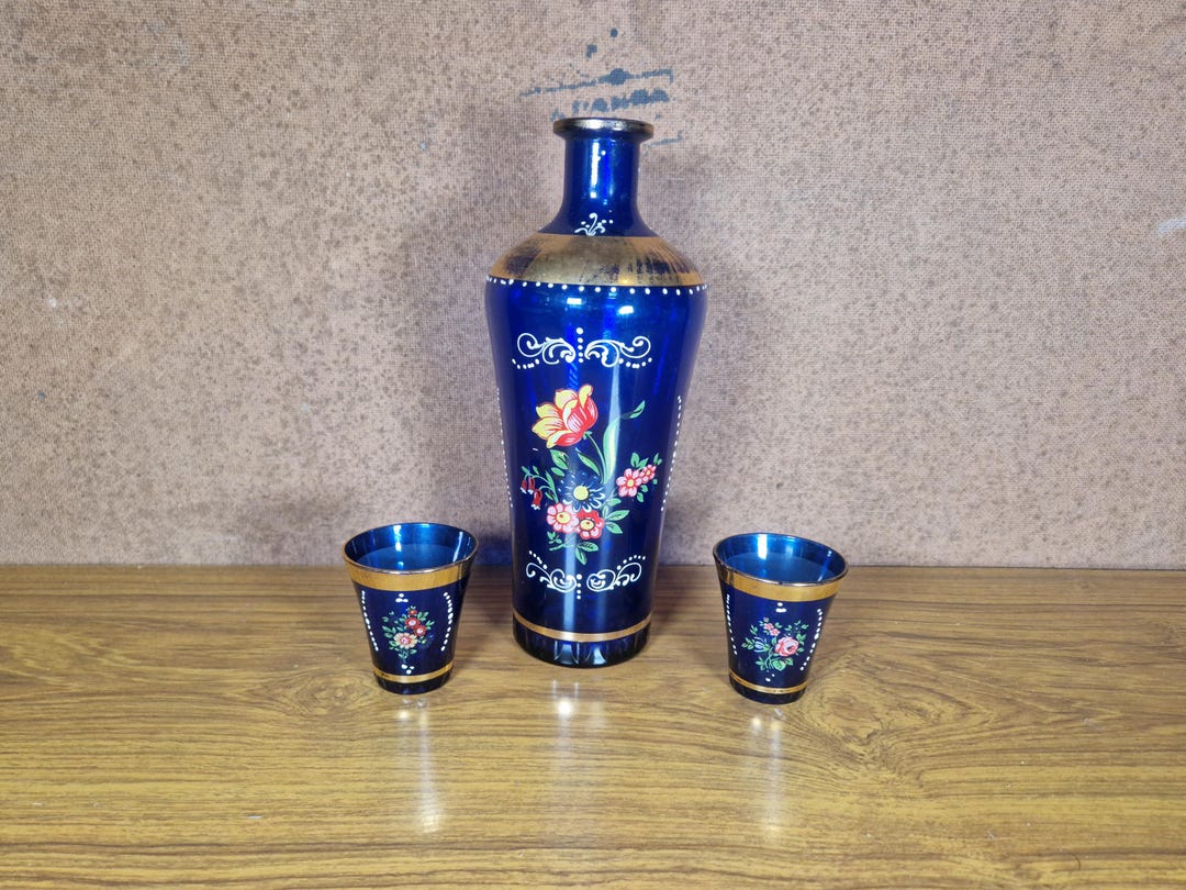 Vintage Cobalt Blue Floral Decanter Set – Likely Czech Bohemian Hand ...