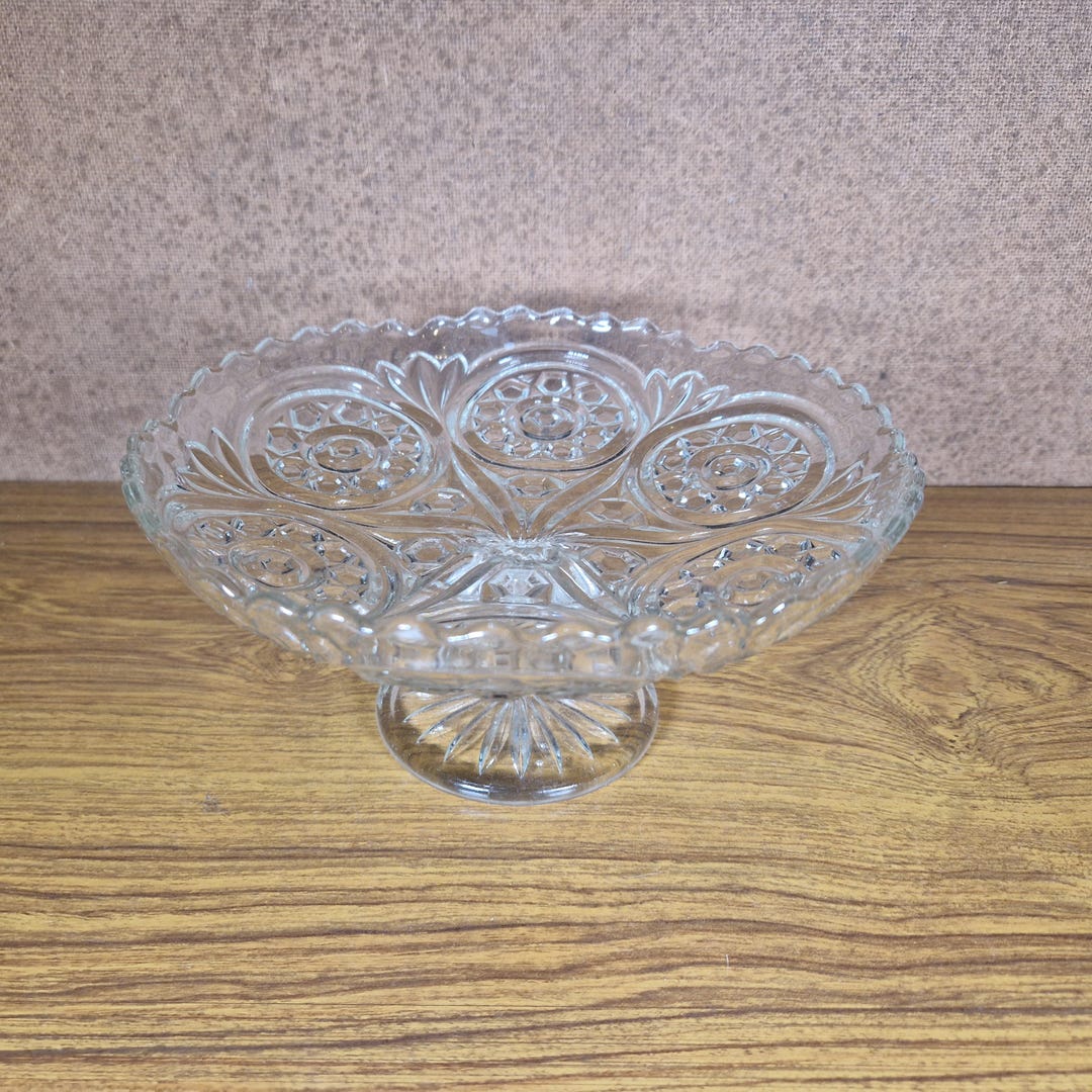 Vintage Pressed Glass Cake Stand Tazza – Scalloped Edge Dessert Display ...