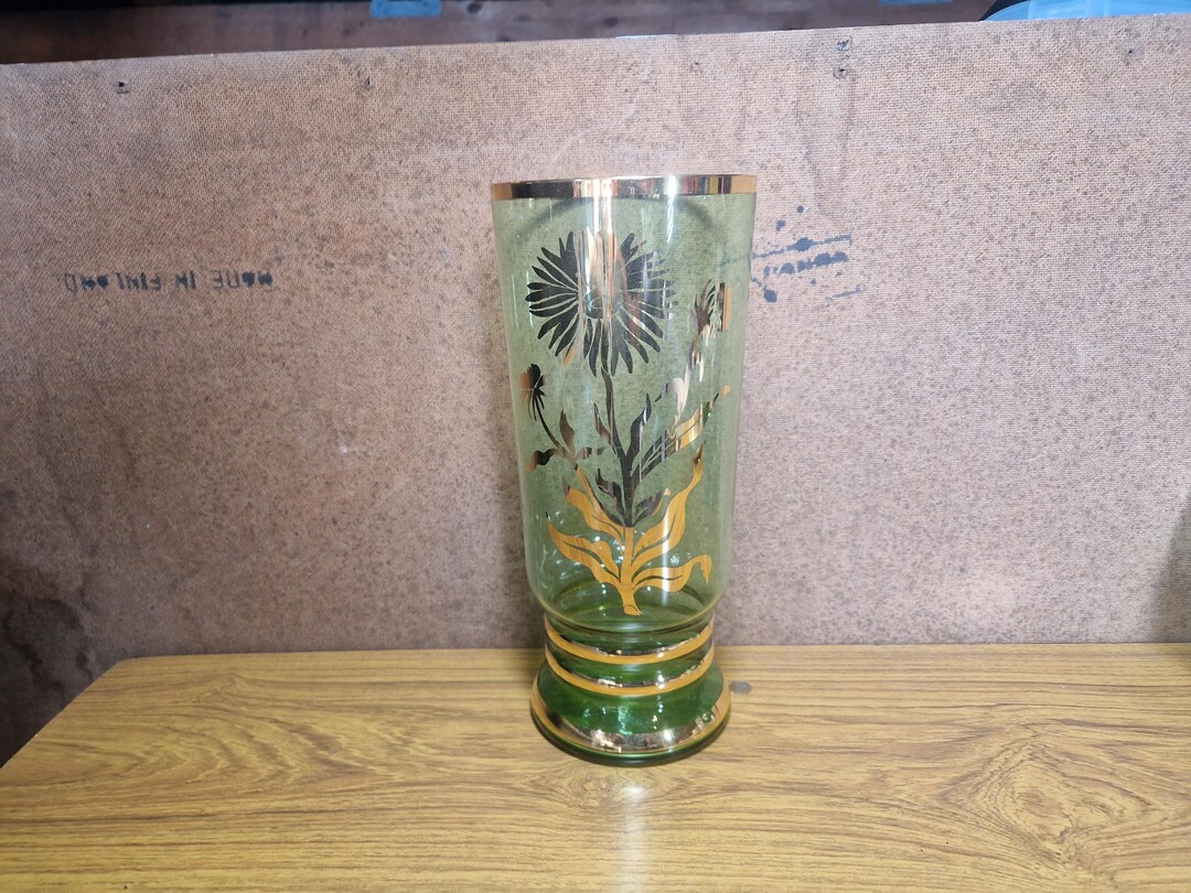Large Vintage Czech Bohemian Green Glass Vase With Gold & Black Floral ...