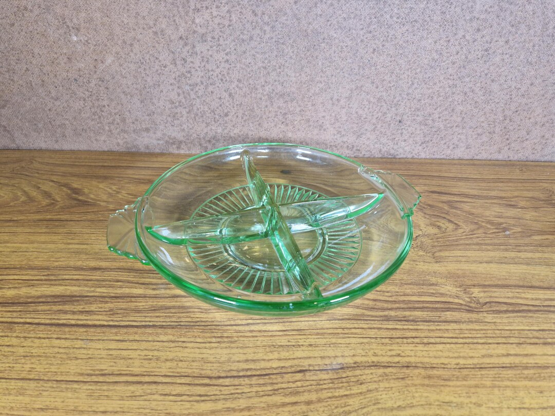 Vintage Green Depression Glass Divided Relish Dish – Four Section Green ...