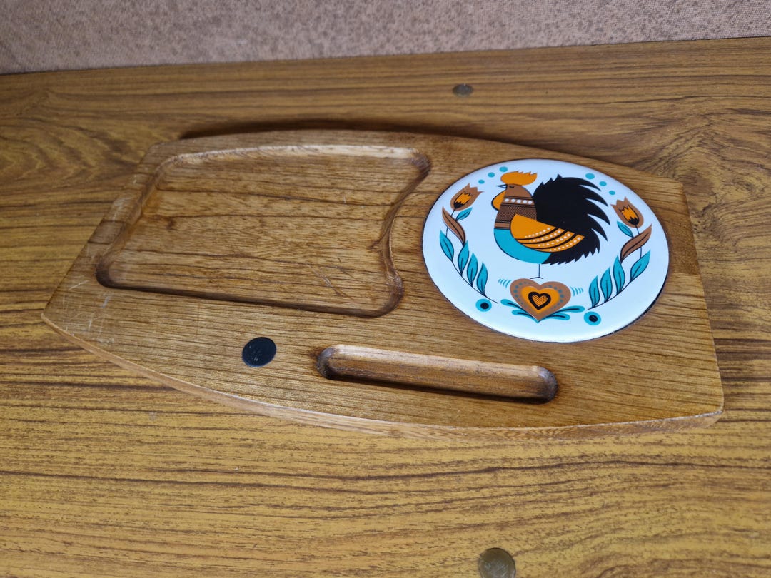 Vintage Wooden Cheese Board With Rooster Tile – Mid-century Charcuterie ...