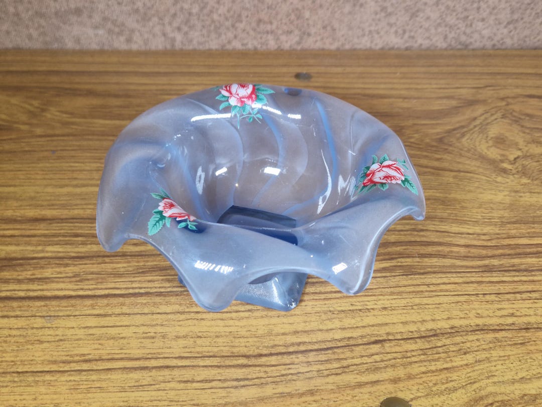 Frosted Blue Glass Bowl With Rose Decals - Wavy Edge Pedestal Dish ...
