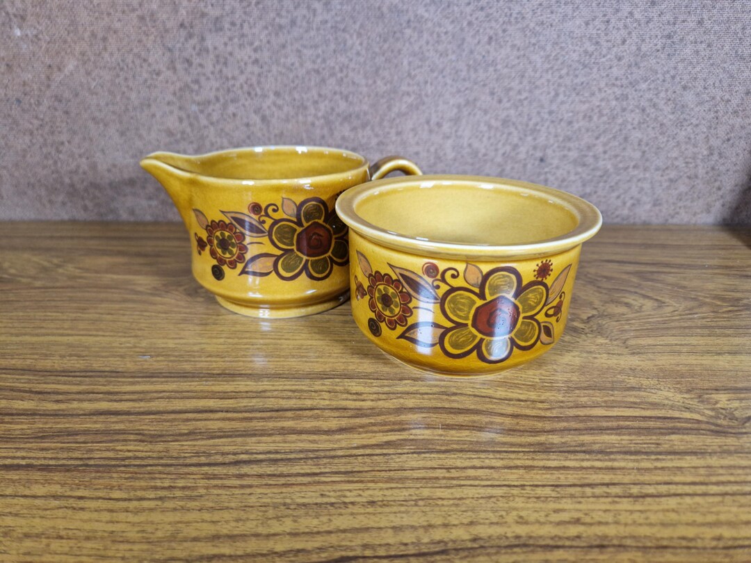 Vintage Palissy Creamer & Sugar Bowl Set – 1970s Mustard Yellow Floral ...