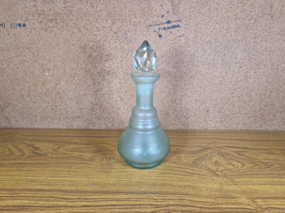 Vintage Frosted Glass Oil Perfume Bottle With Crystal Stopper – Etched ...