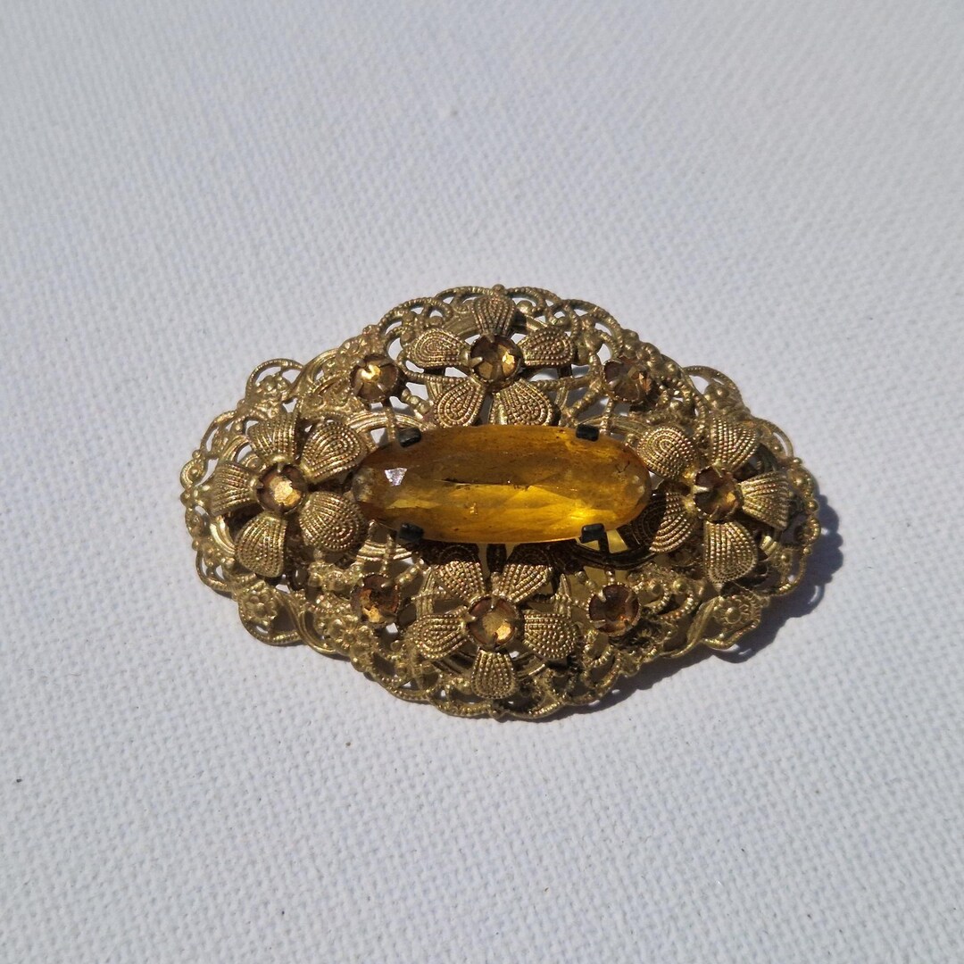 Vintage Gold Filigree Brooch With Amber Glass Stone – Ornate Floral Art ...