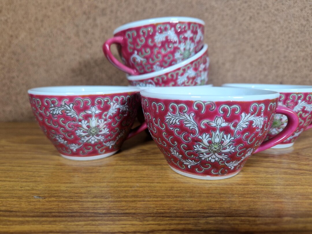 Set of 6 Coral Mun Shou Longevity Teacups – Chinese Porcelain – Vintage ...
