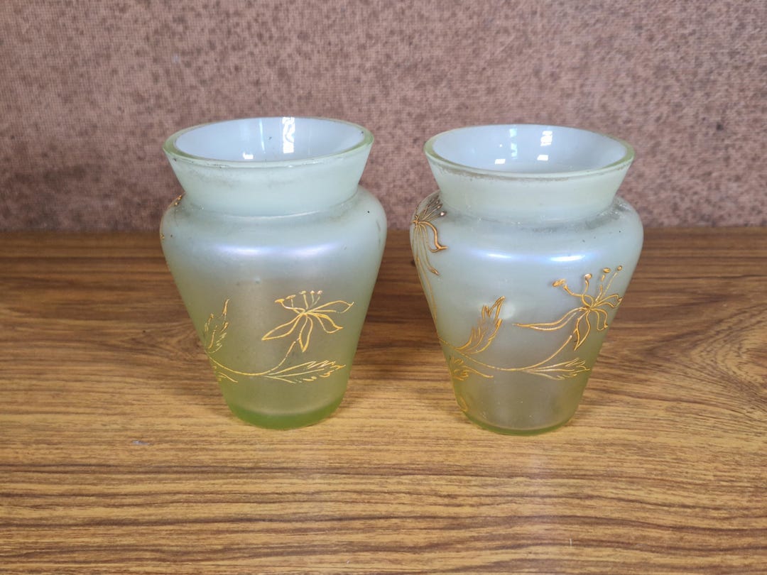 Pair of Uranium Glass Bud Vases – Art Nouveau Gilt Floral – Frosted ...