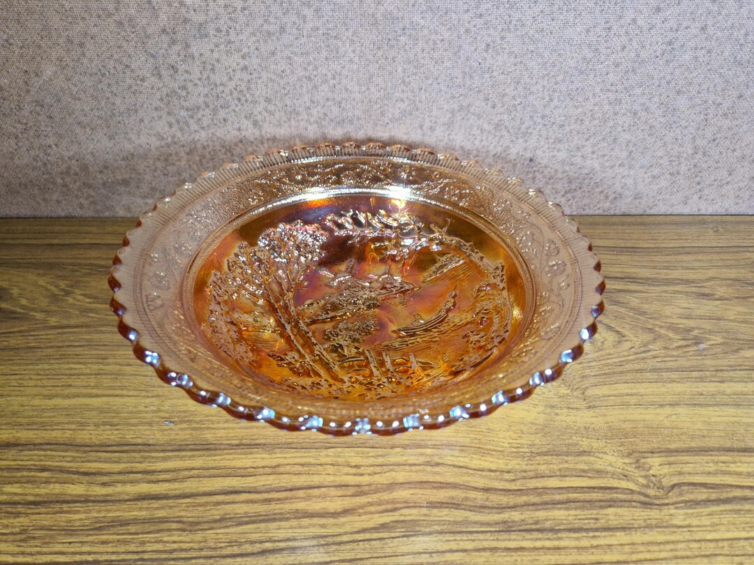 Vintage Marigold Carnival Glass Bowl With Windmill Scene – Footed Dish ...