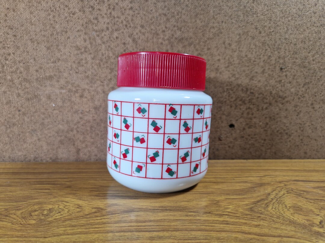 Vintage White Glass Kitchen Caddy With Red Geometric Pattern – Retro ...