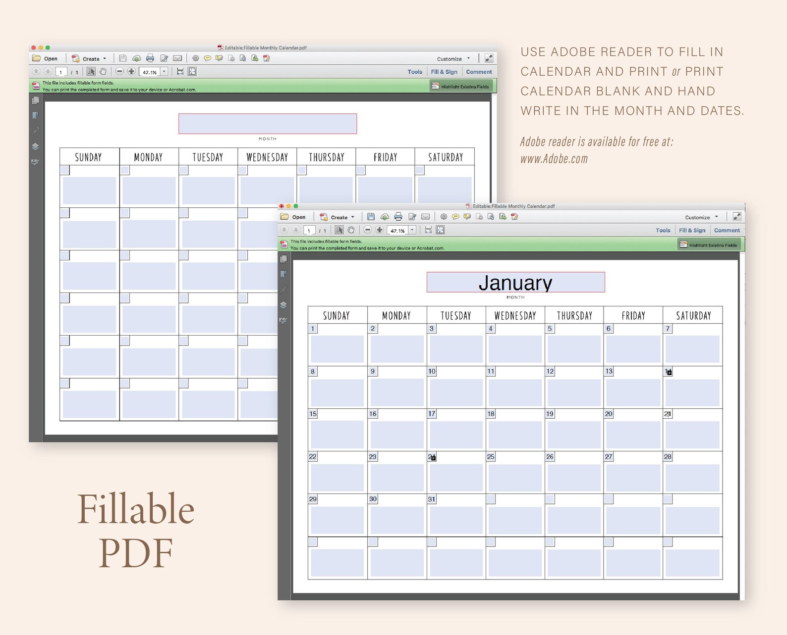 Monthly Blank Calendar Fillable PDF Printable Blank - Etsy