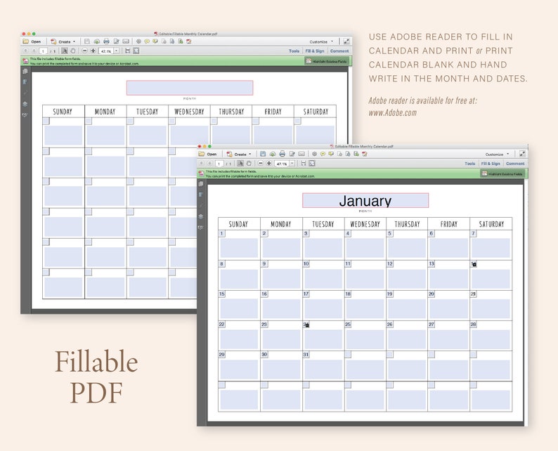 Monthly Blank Calendar | Fillable PDF | Printable | Blank Calendar ...