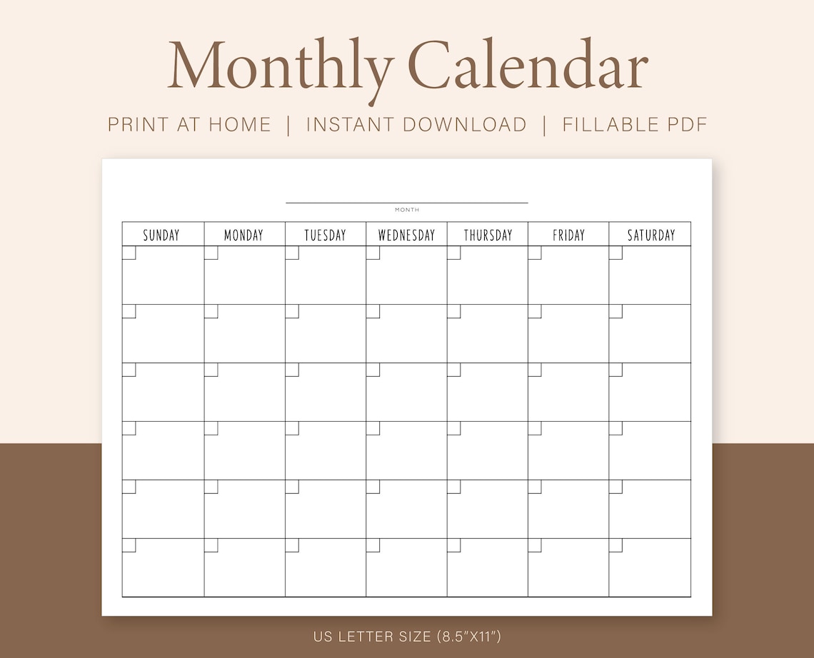 Monthly Blank Calendar | Fillable PDF | Printable | Blank Calendar ...