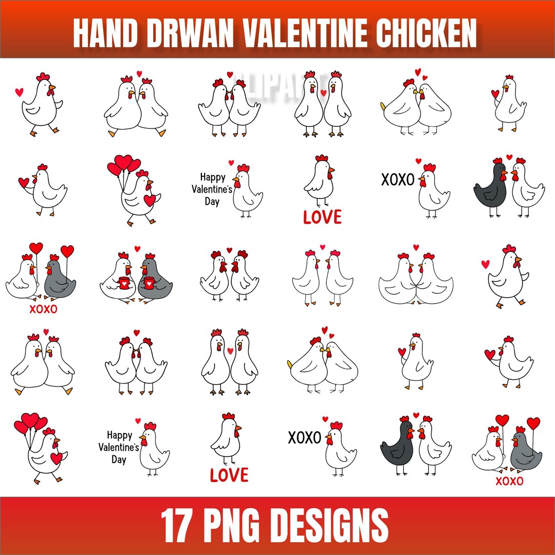 Hand Drawn Valentine Chicken Clipart Bundle, Cute Farm Animal PNG, Love ...