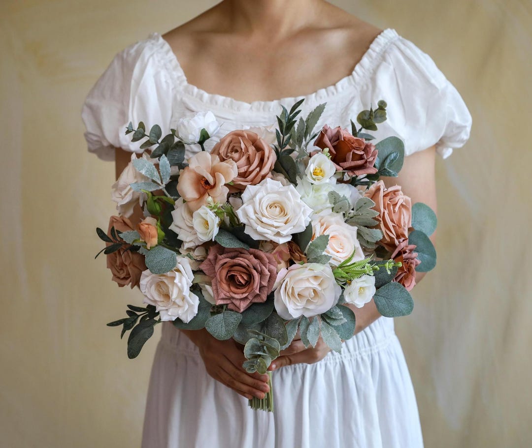Toffee & Quicksand Artificial Wedding Bouquet, Neutral Silk Bridal ...