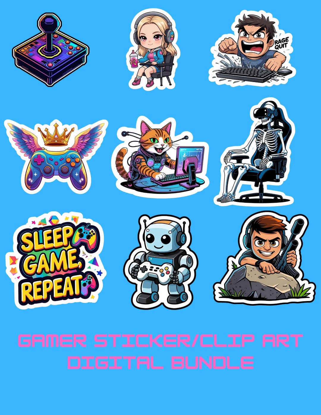Gamer Clipart Bundle | 9 PNG Digital Downloads | Cute Gaming Stickers ...