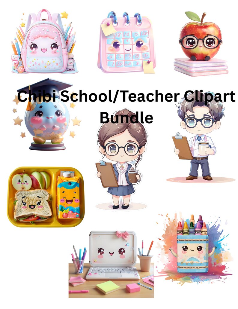 Kawaii Back to School Clipart Bundle | 9 PNG Images for Teachers | Cute ...