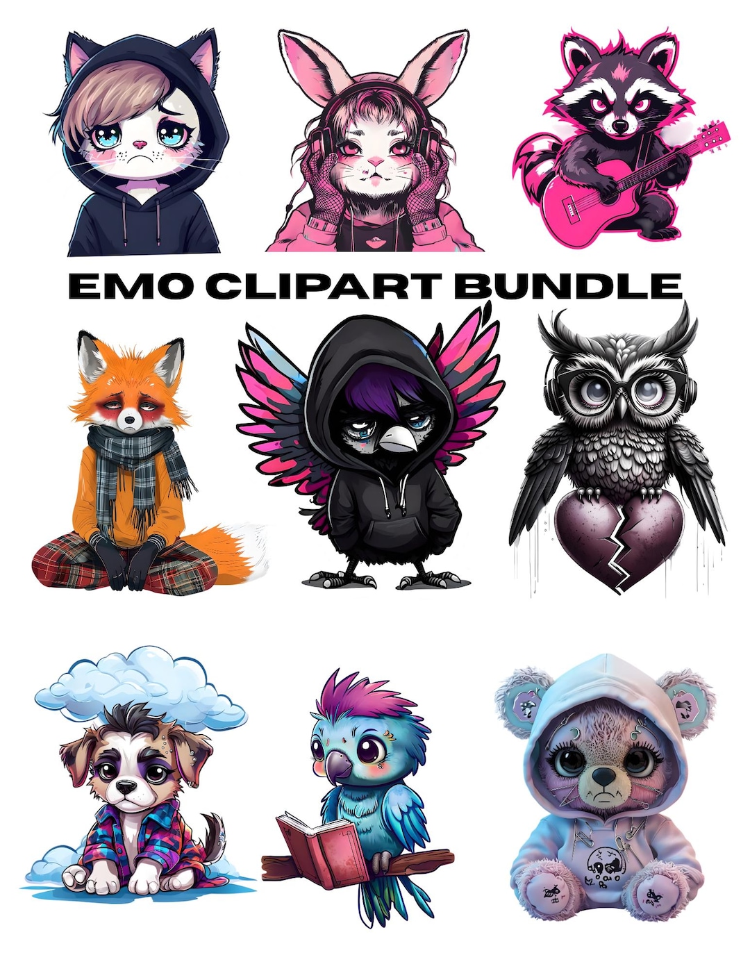 Emo Animal Clipart Bundle | Goth PNG Graphics (digital Download) - Etsy