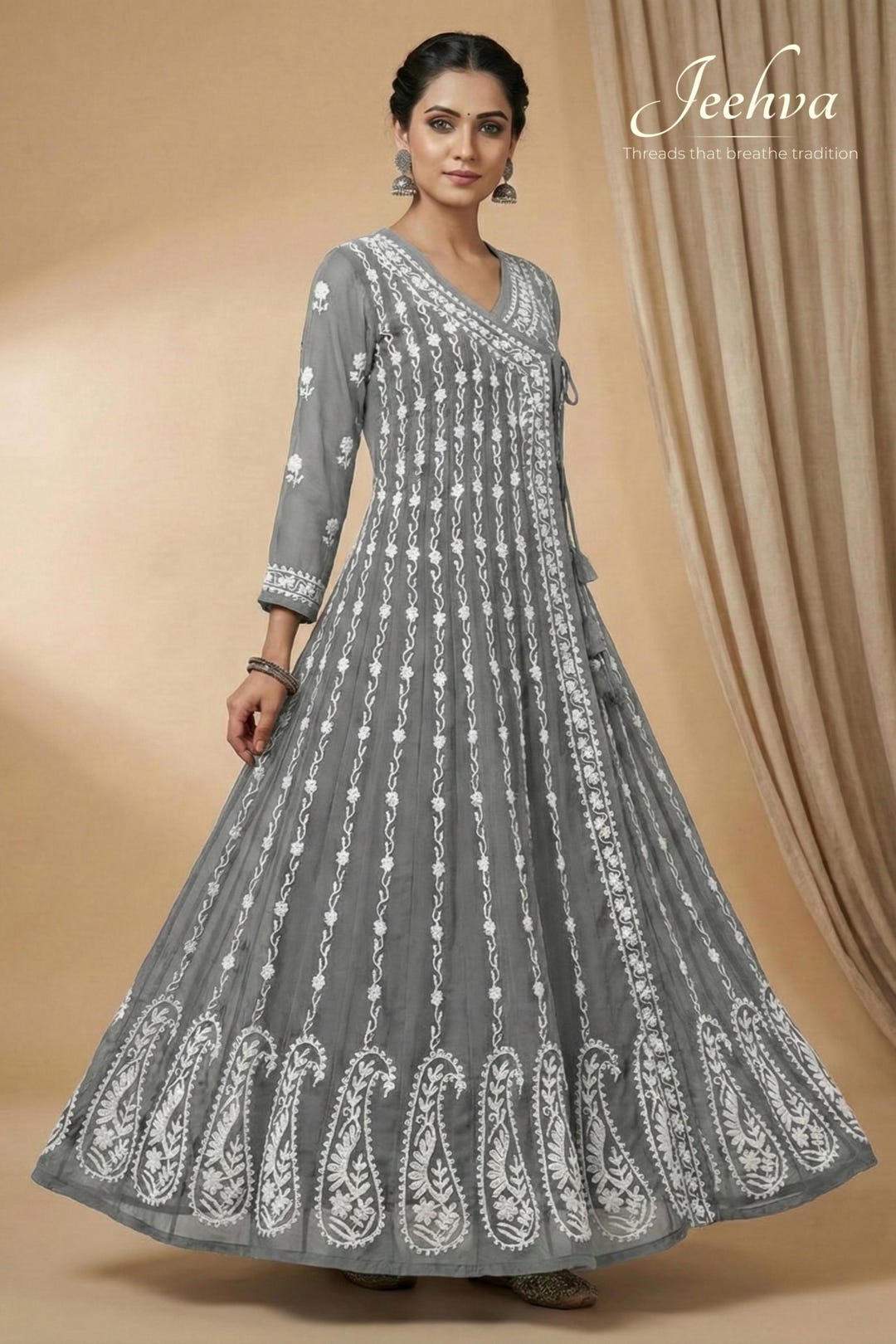 Long Dress Angrakha Style |embroidered Chikankari Anarkali Ethnic ...